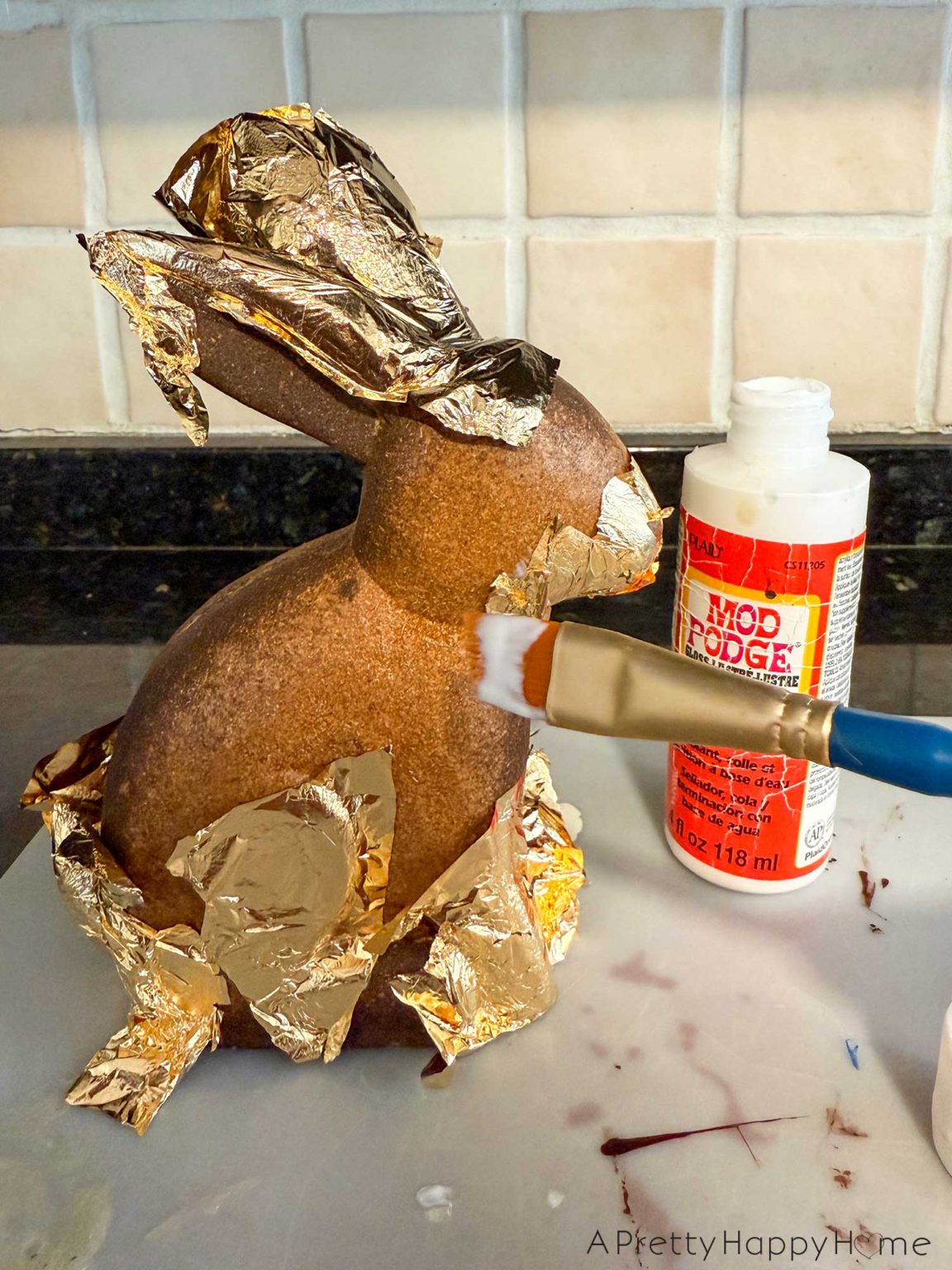 Faux Chocolate Bunny – With Wood Rabbit and Gold Leaf – A Pretty Happy Home